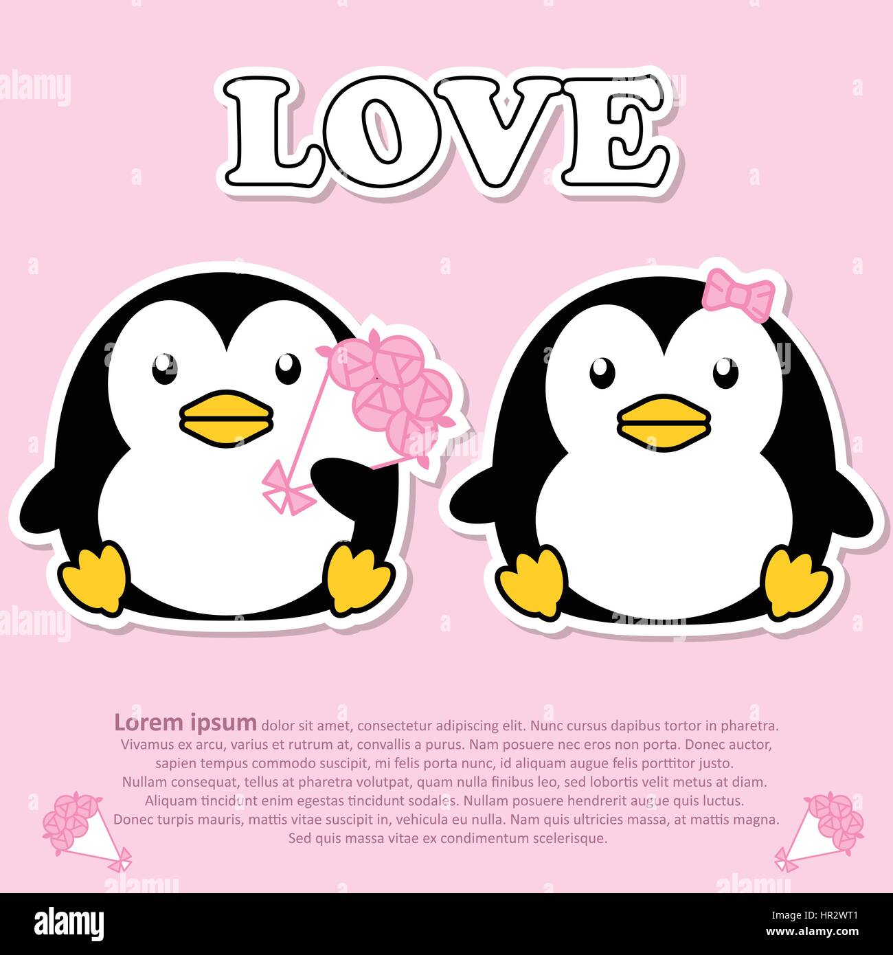 Lovely couple cute penguin with bouquet of pink rose flower in ...