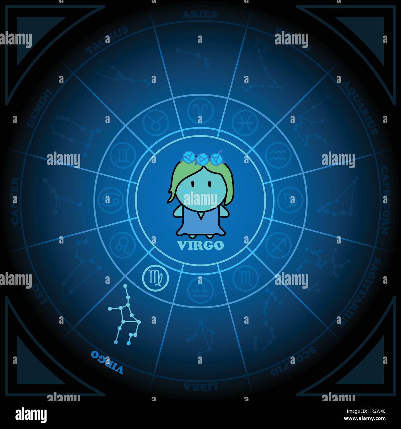Astronomy of Virgo Zodiac Circle with zodiac sign icon vector on black ...