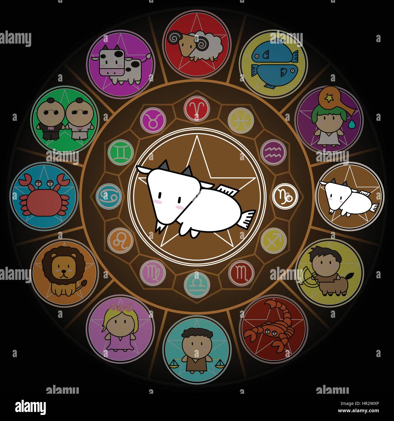 Capricorn Zodiac in Center Circle of horoscope signs Cartoon icon ...