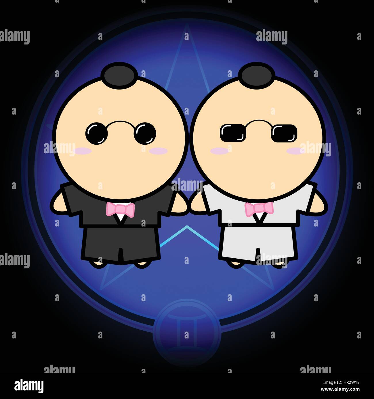 Cartoon sign zodiac of Gemini vector icon on dark blue star background ...