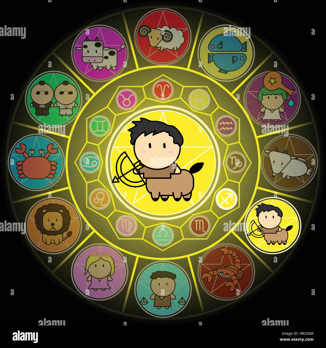 Sagittarius Zodiac in Center Circle of horoscope signs Cartoon icon ...