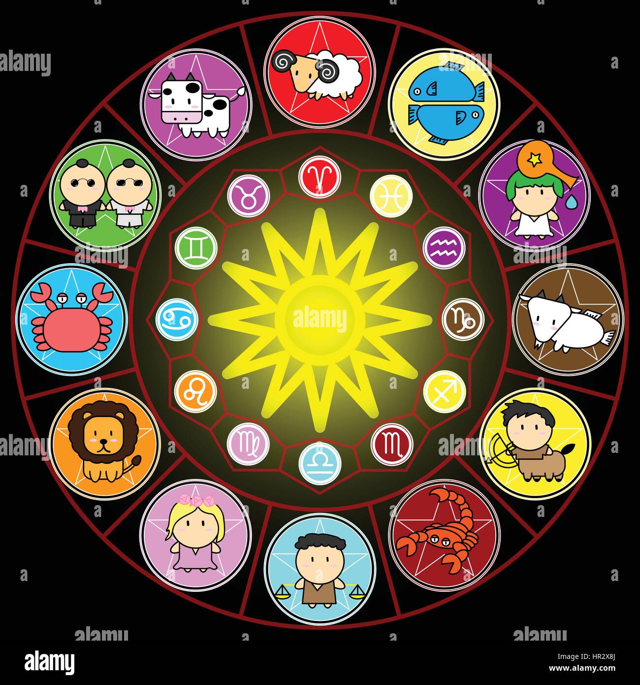 Zodiac Circle of horoscope signs with Cartoon icon vector on black ...