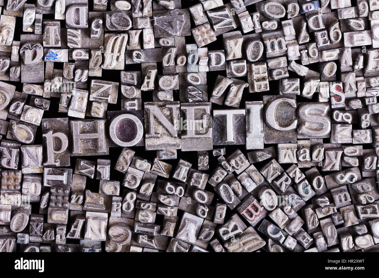 Close up of old used metal typeset letters with the word phonetics ...