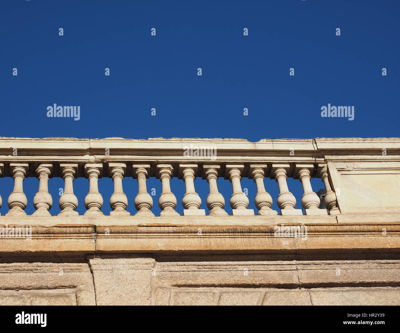 ancient baroque balustrade made of baluster shafts over blue sky Stock ...