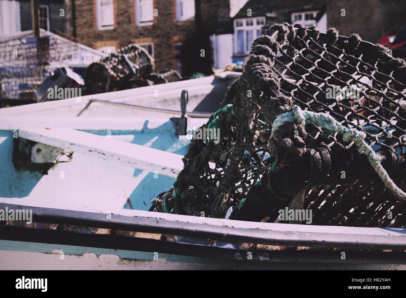 Lobster traps in the harbour, Port Issac, Cornwall Vintage Retro Filter ...