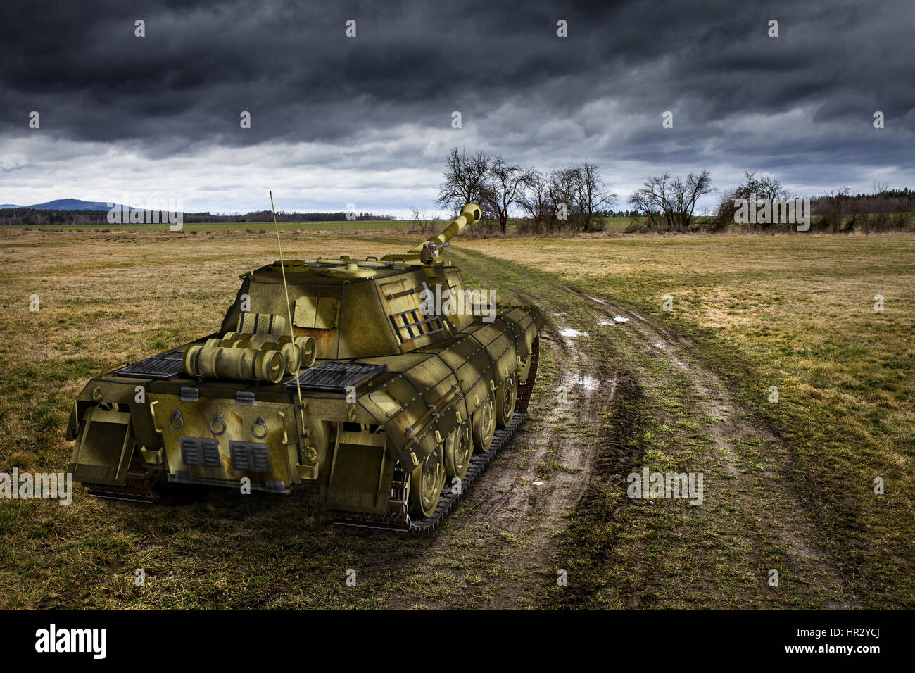 Army tank on the muddy field under the dramatic sky. 3D fantasy vehicle ...