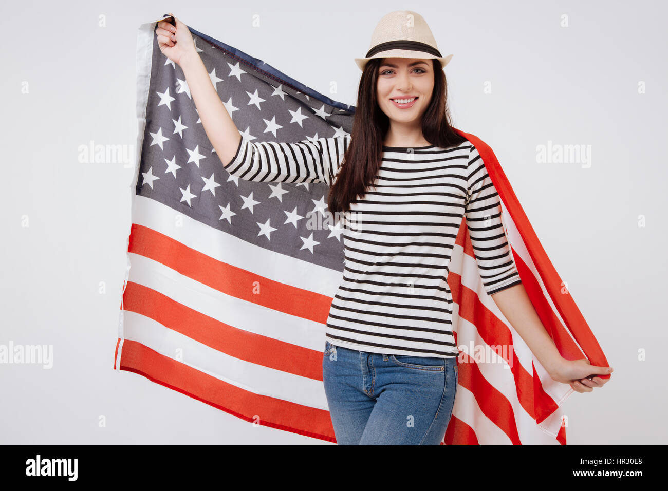 Proud American woman. Beautiful smiling charming woman expressing ...