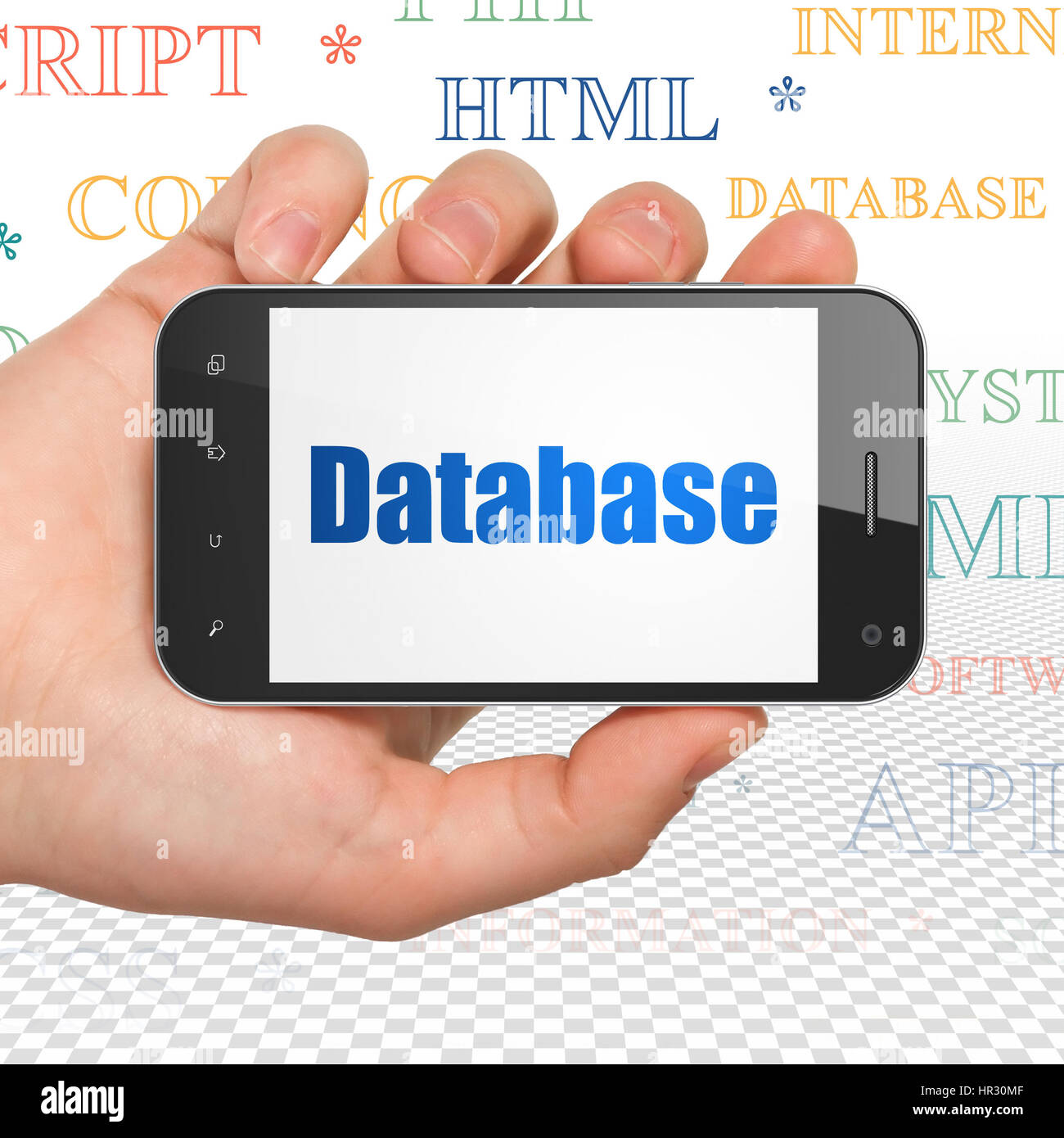 Database concept: Hand Holding Smartphone with Database on display ...