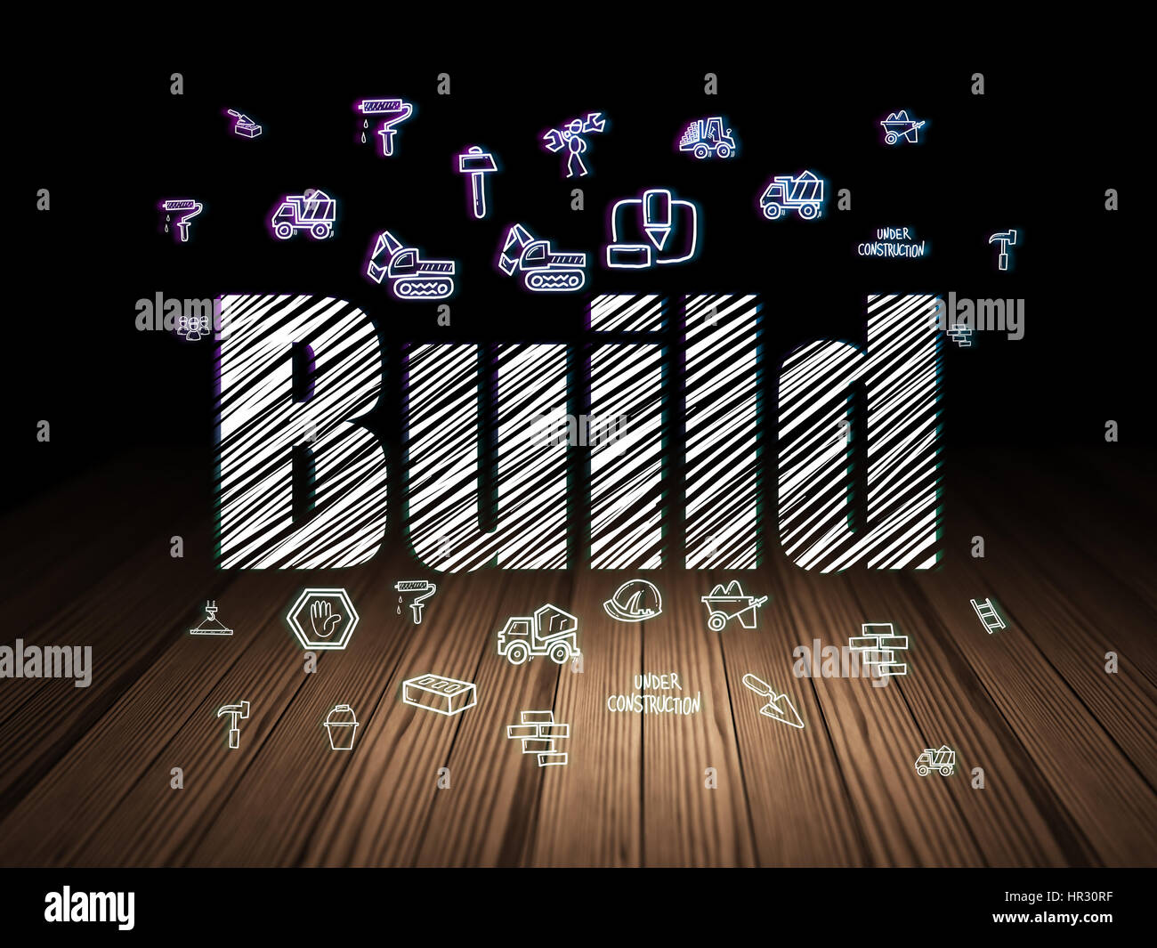 Constructing concept: Build in grunge dark room Stock Photo - Alamy