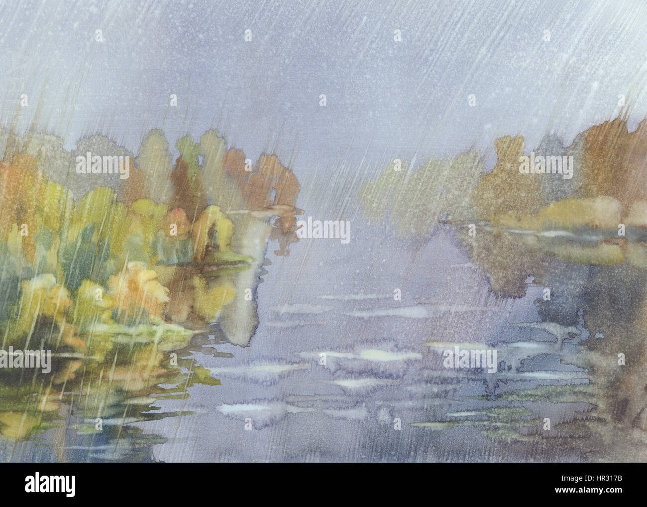 Watercolor hand drawn illustration of autumn rain landscape with a lake ...