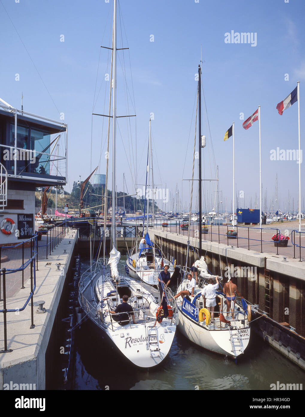 Yachts in lock at Shotley Gate Marina, Shotley, Suffolk, England ...