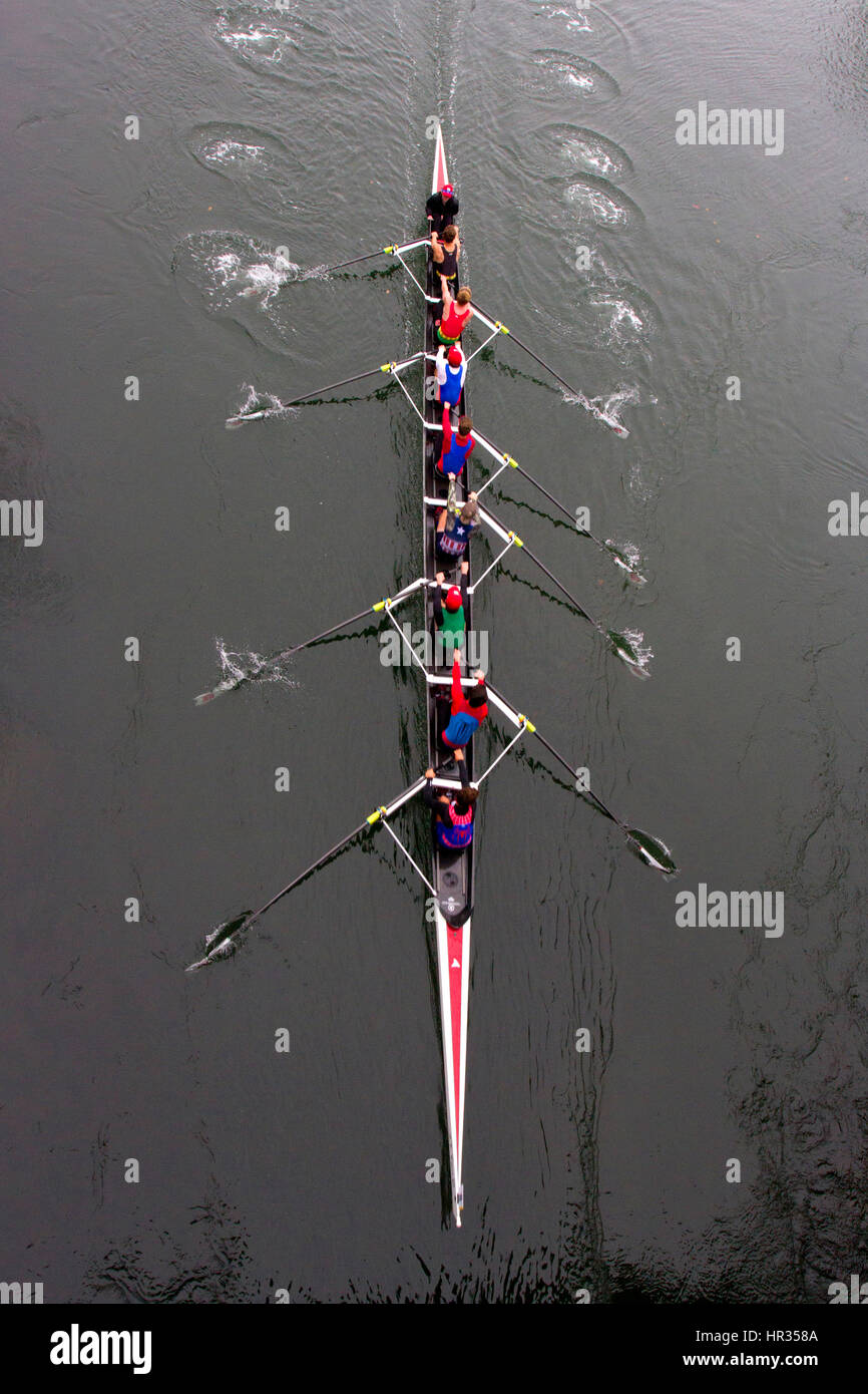 A rowing eight photographed from above along the Gorge Waterway ...