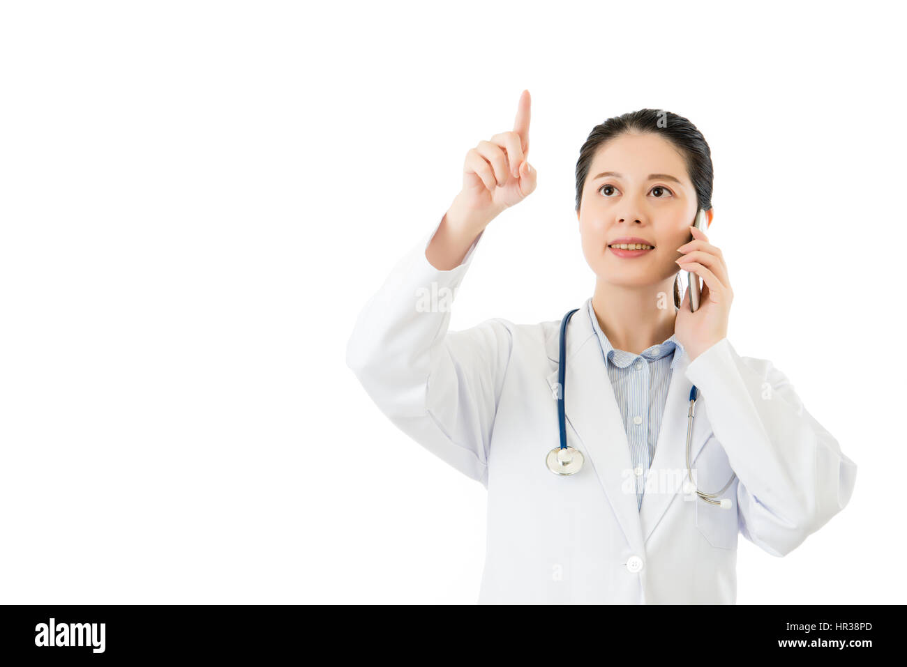 beautiful asian doctor using smartphone touch screen. isolated on white ...