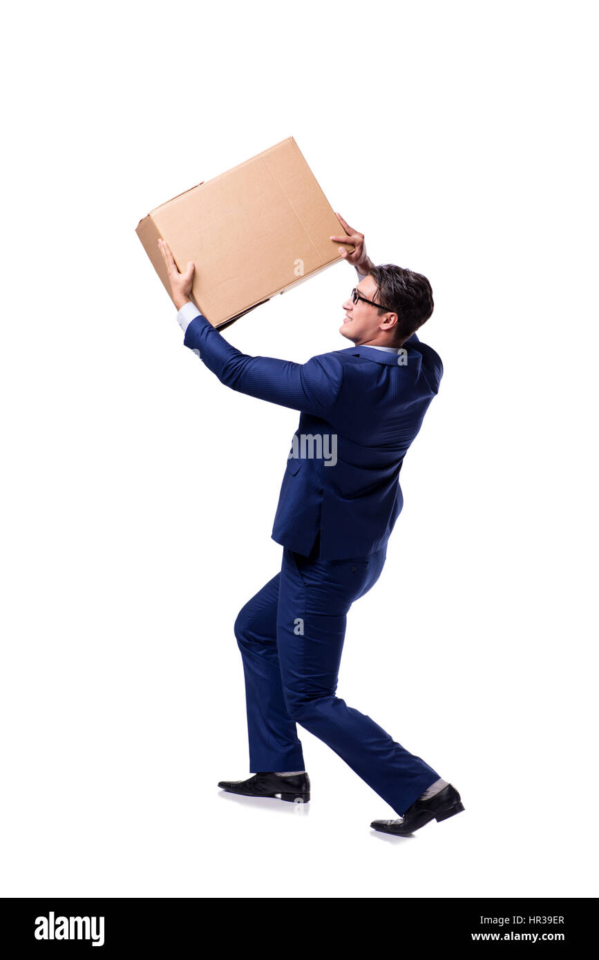 Businessman lifting box isolated on white Stock Photo - Alamy