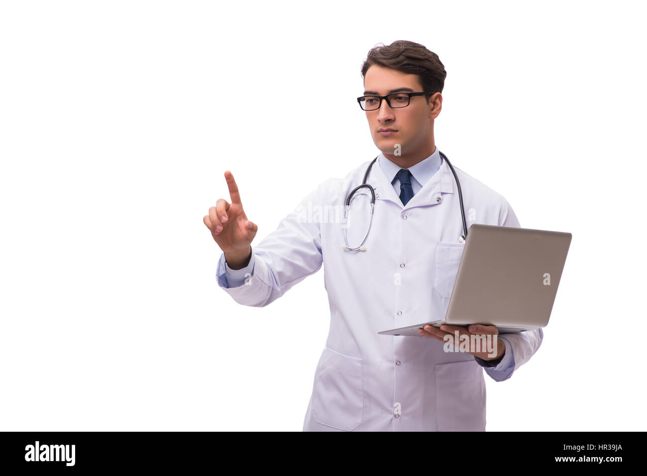 Doctor with laptop isolated on white background Stock Photo - Alamy