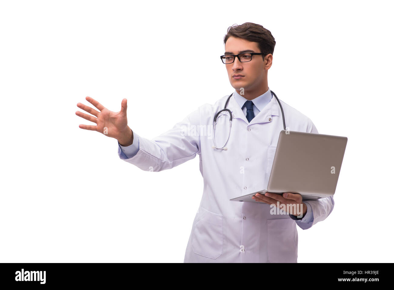 Doctor with laptop isolated on white background Stock Photo - Alamy