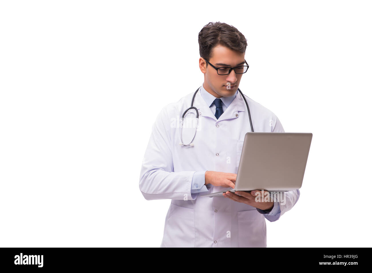 Doctor with laptop isolated on white background Stock Photo - Alamy