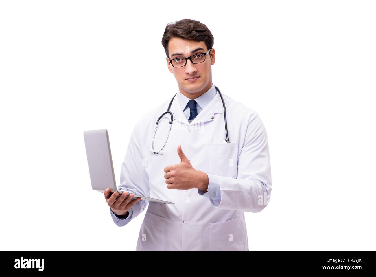 Doctor with laptop isolated on white background Stock Photo - Alamy