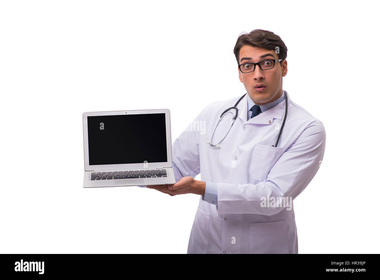 Doctor with laptop isolated on white background Stock Photo - Alamy