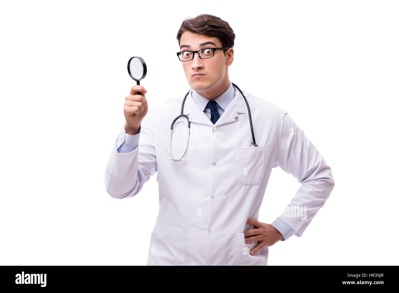 Doctor with magnifying glass on white background Stock Photo - Alamy