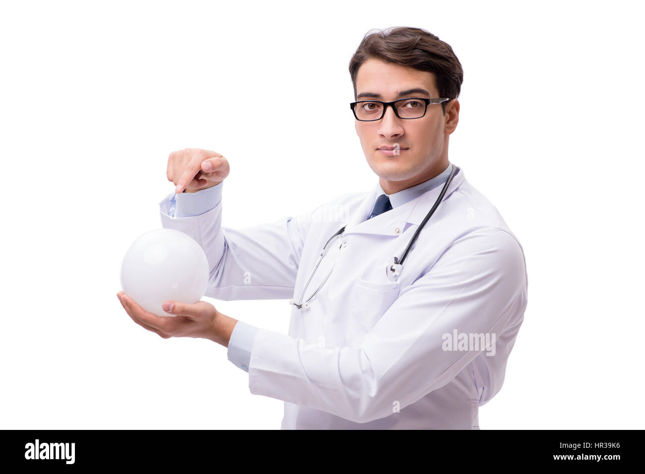 Doctor with crystal ball isolated on white background Stock Photo - Alamy