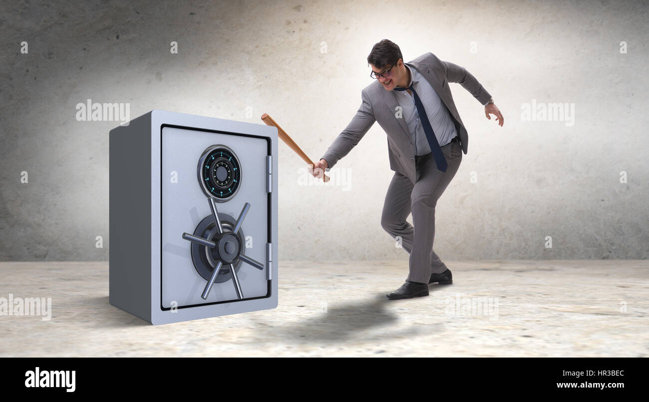 Angry man with baseball bat hitting money safe Stock Photo - Alamy