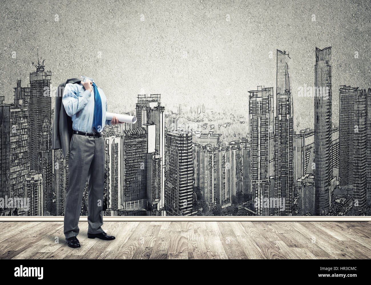 Headless engineer man with papers in hand against construction ...