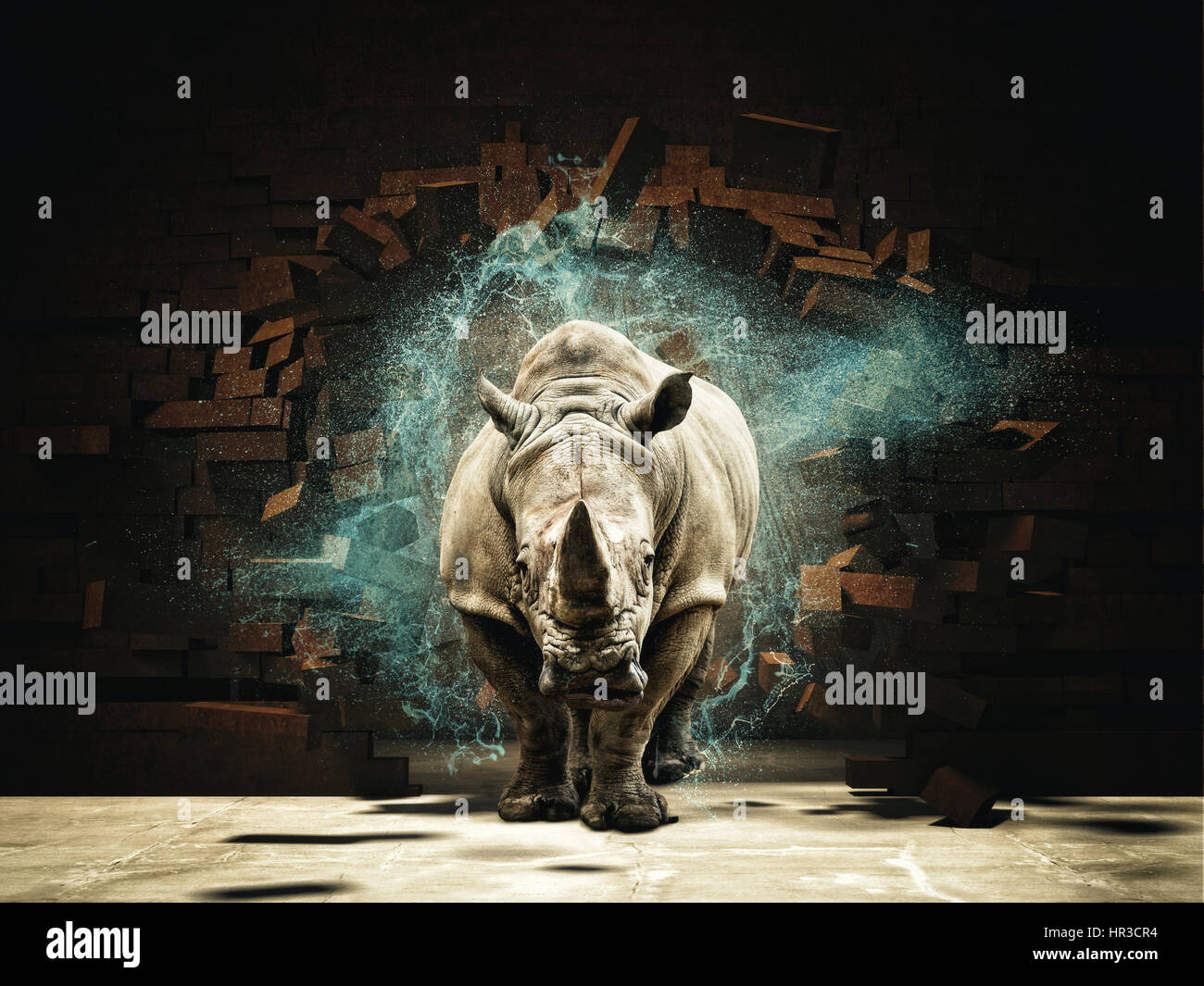 rhino destroy brick wall 3d rendering image Stock Photo - Alamy