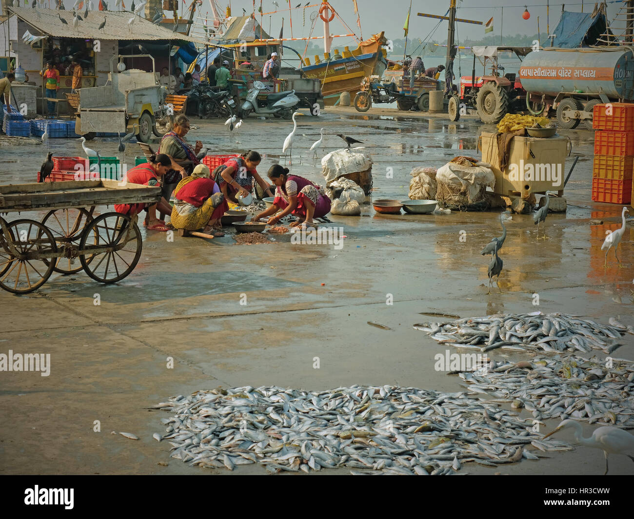 Scene on the quayside at the port of Vanakbara on Diu Island in Gujarat ...