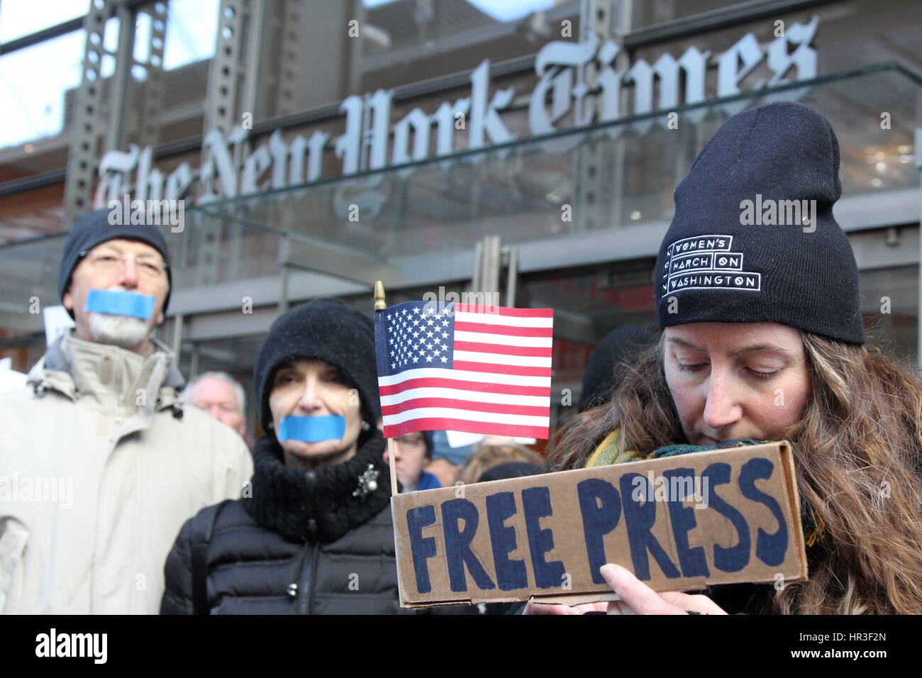 New York, USA. 26th February 2017. Hundreds of activists stood in ...