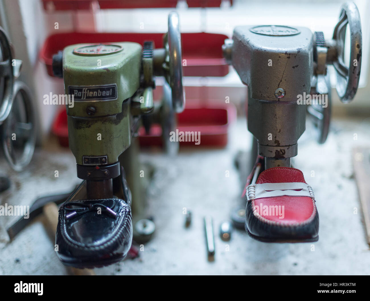 Berlin, Germany. 23rd Feb, 2017. Shoes being produced on an old ...