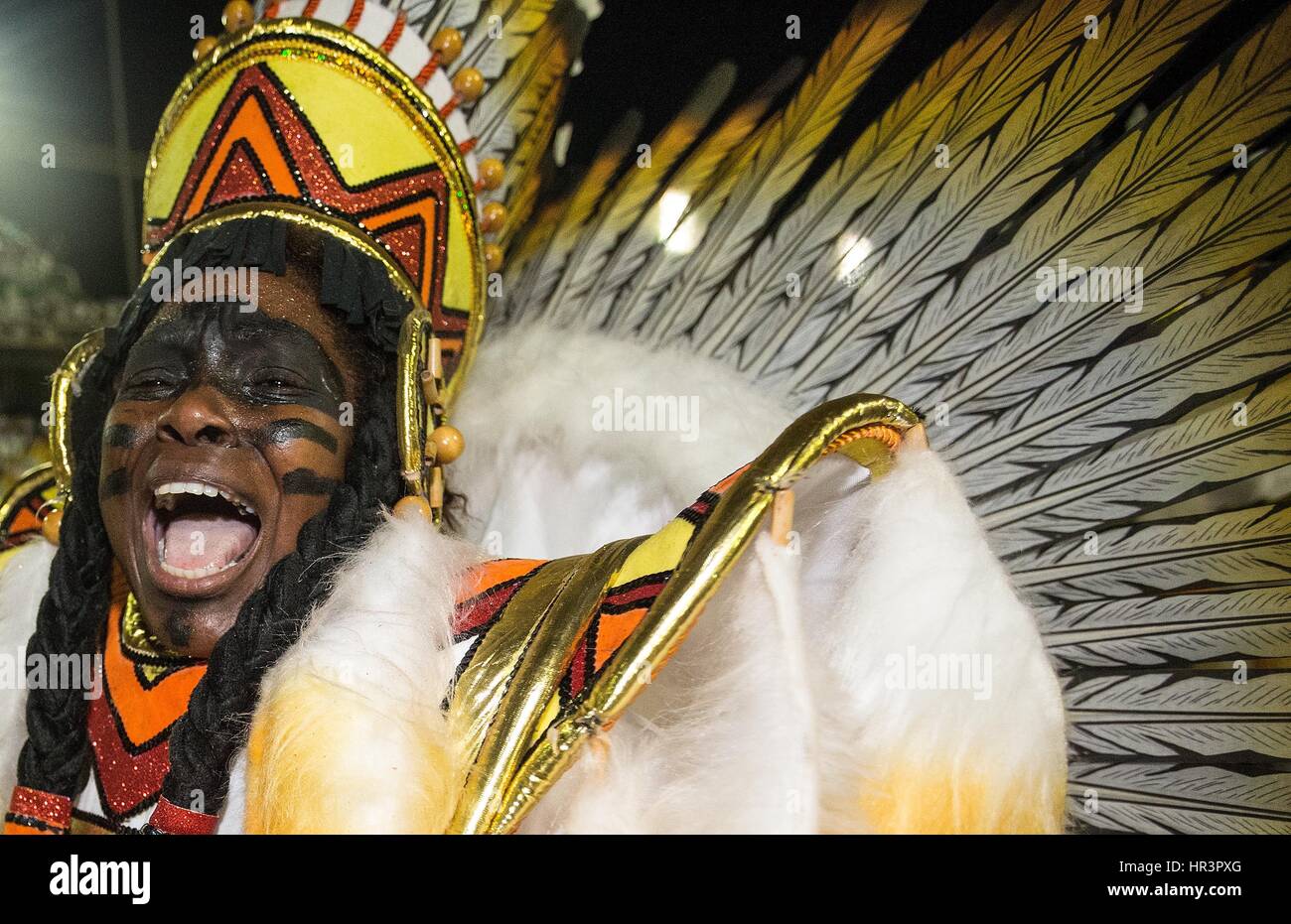 Rio De Janeiro, Brazil. 27th Feb, 2017. A reveler of Grande Rio Samba ...
