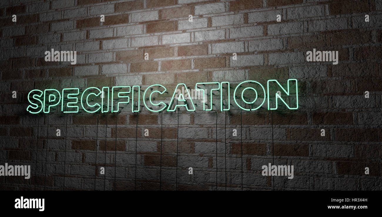SPECIFICATION - Glowing Neon Sign on stonework wall - 3D rendered ...