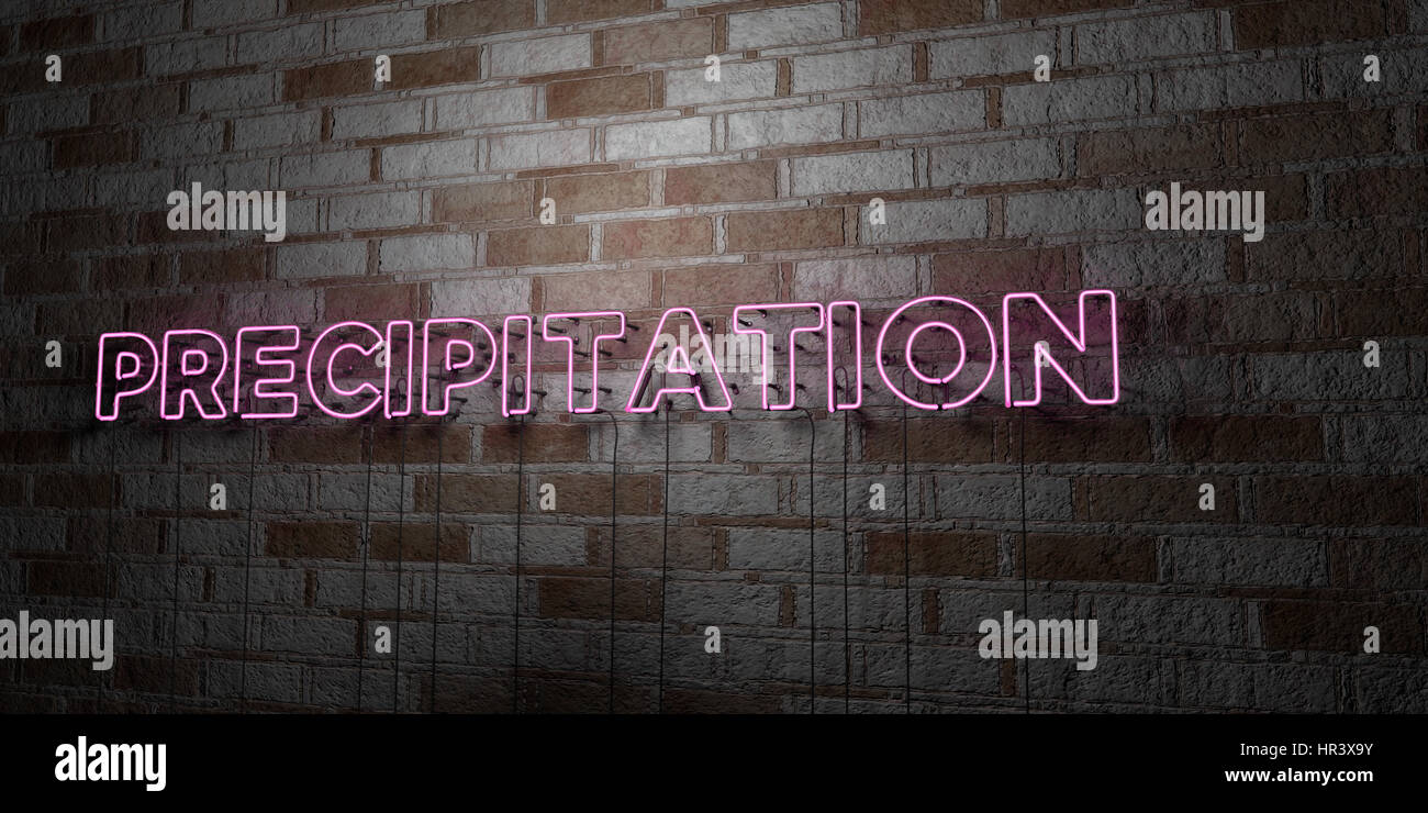 PRECIPITATION - Glowing Neon Sign on stonework wall - 3D rendered ...