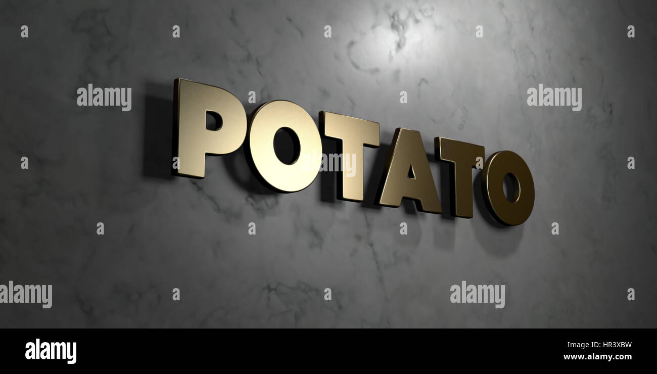Potato - Gold sign mounted on glossy marble wall - 3D rendered royalty ...
