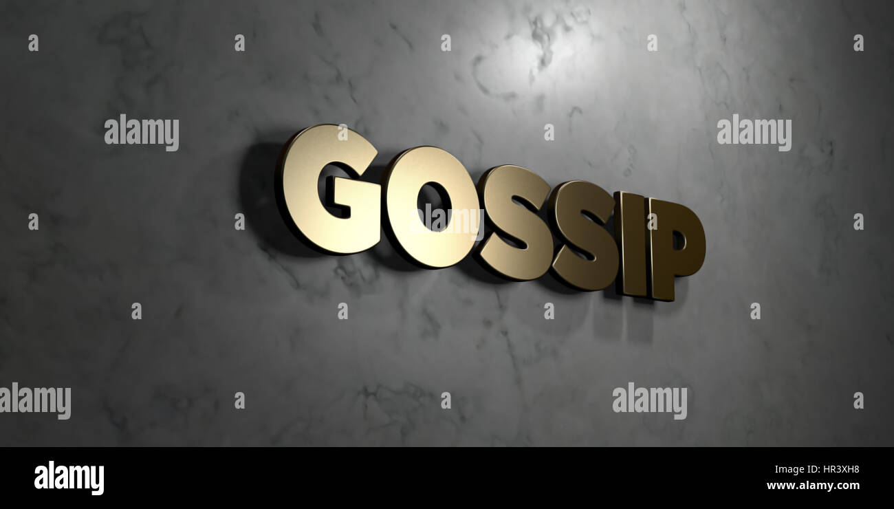 Gossip - Gold sign mounted on glossy marble wall - 3D rendered royalty ...