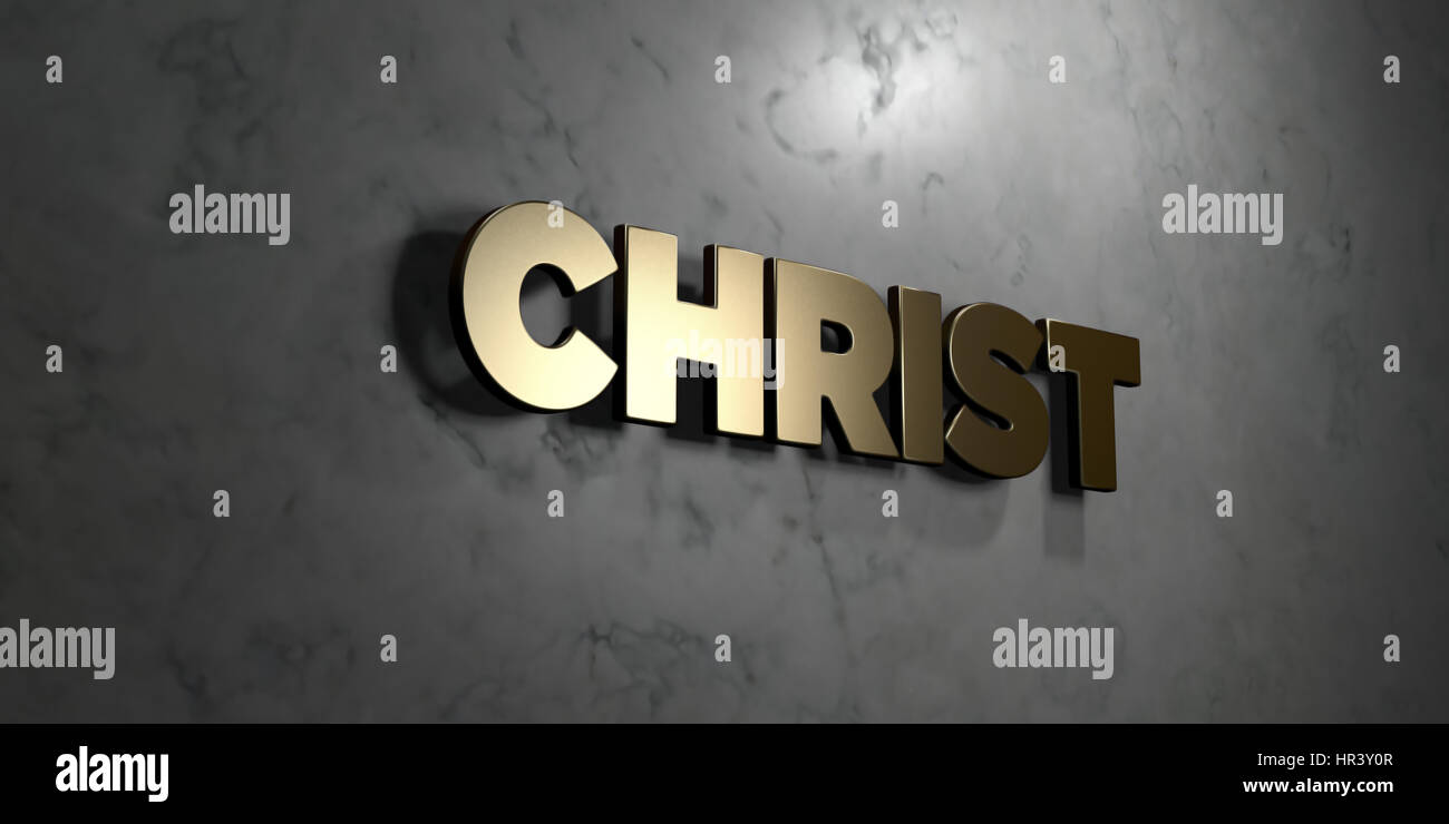 Christ - Gold sign mounted on glossy marble wall - 3D rendered royalty ...