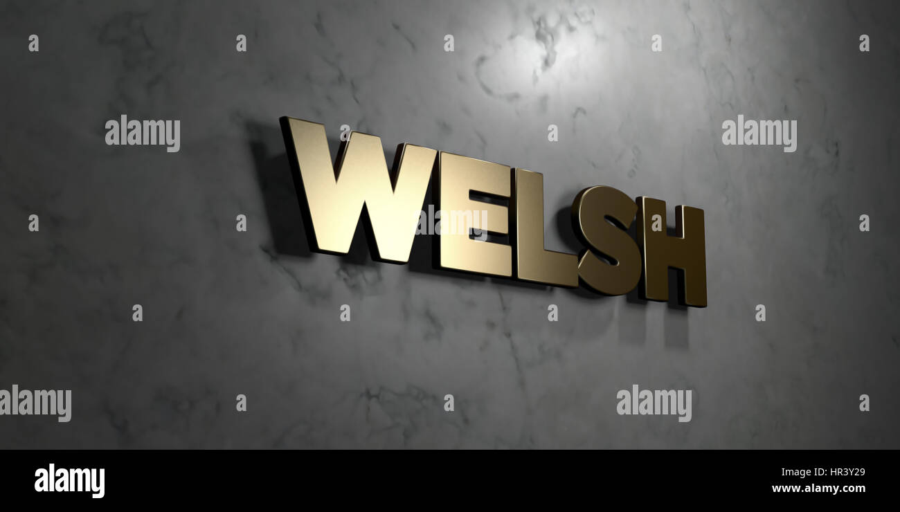 Welsh - Gold sign mounted on glossy marble wall - 3D rendered royalty ...