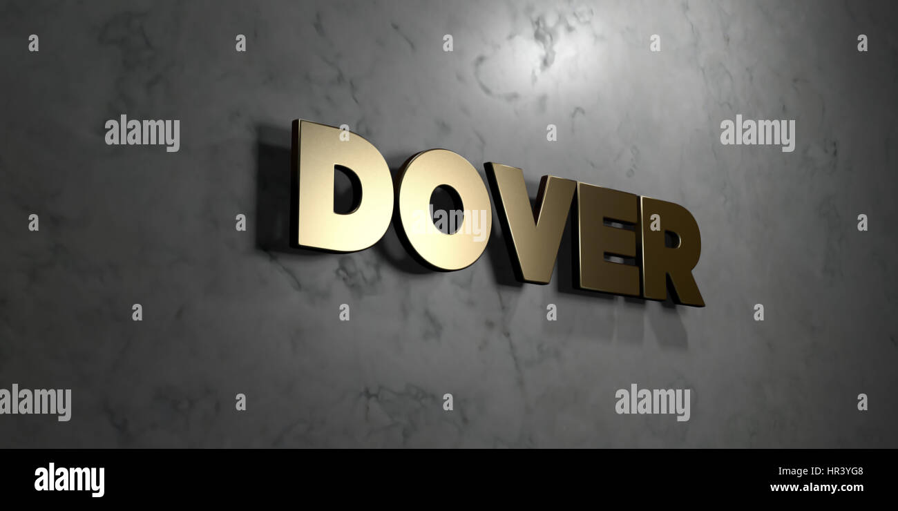 Dover - Gold sign mounted on glossy marble wall - 3D rendered royalty ...