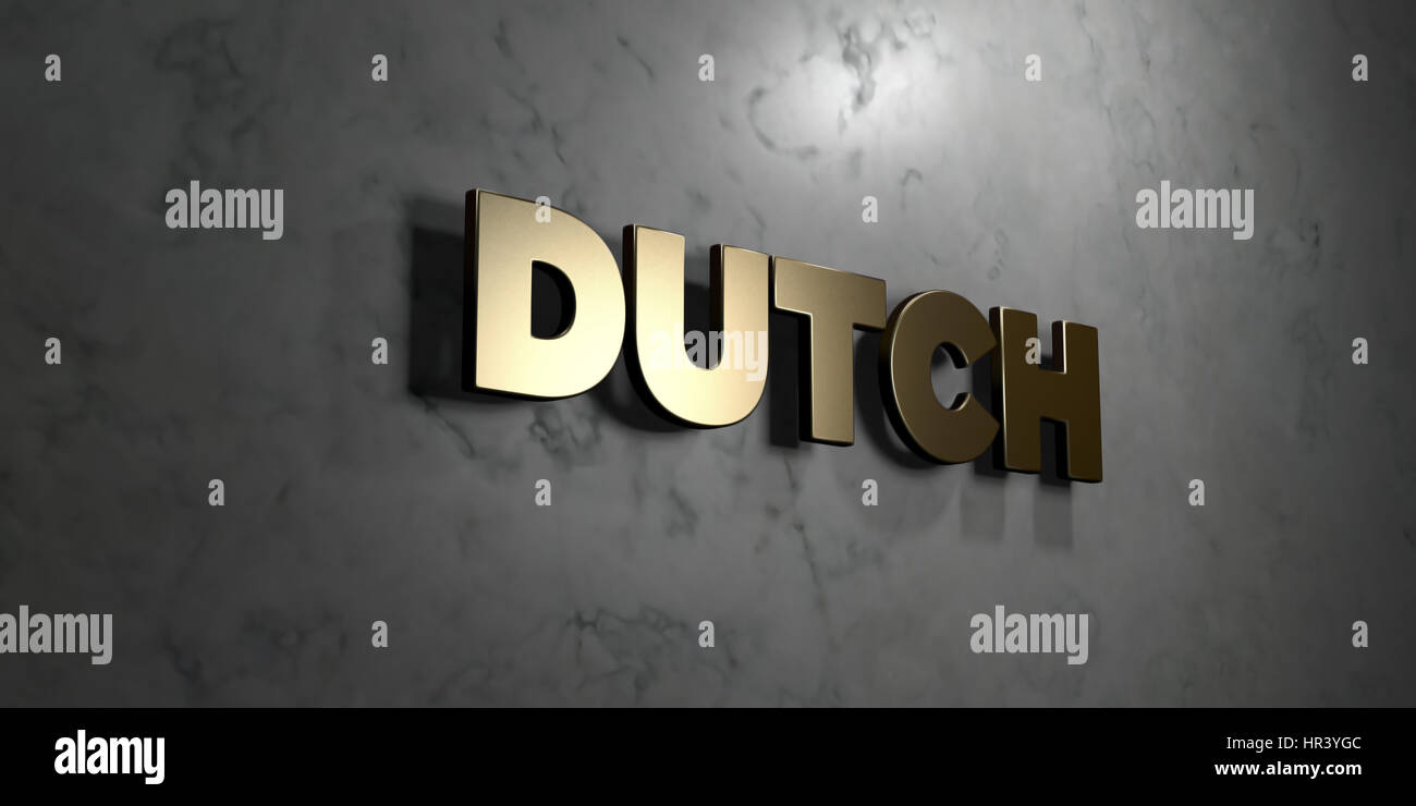 Dutch - Gold sign mounted on glossy marble wall - 3D rendered royalty ...