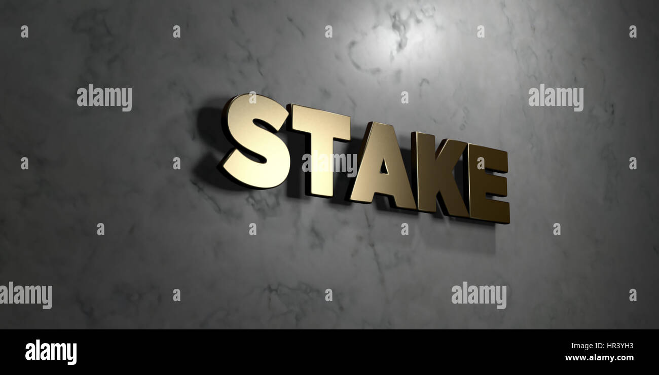 Stake - Gold sign mounted on glossy marble wall - 3D rendered royalty ...