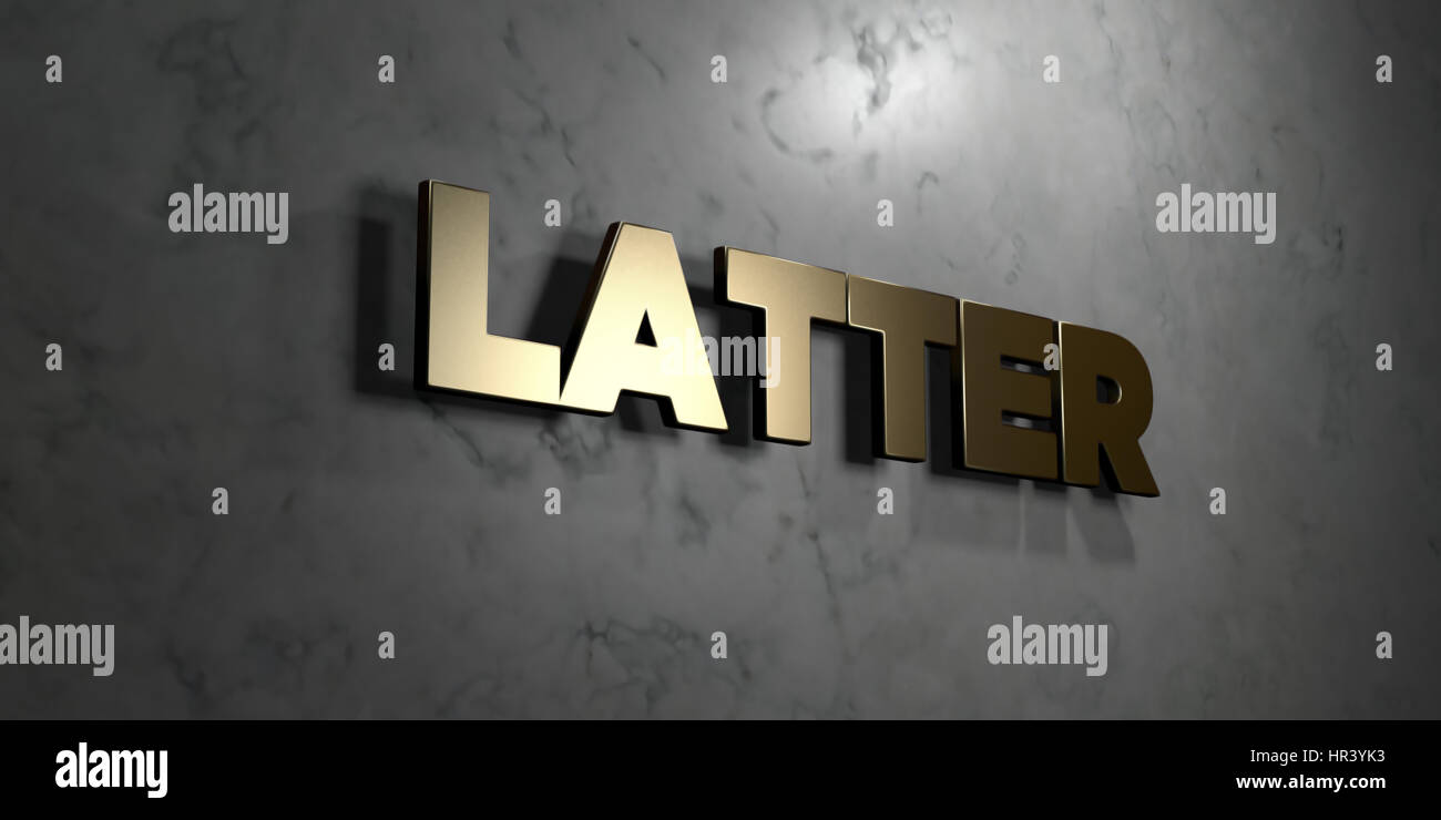 Latter - Gold sign mounted on glossy marble wall - 3D rendered royalty ...
