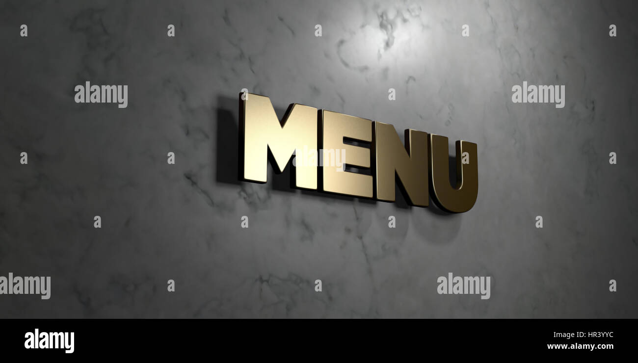 Menu - Gold sign mounted on glossy marble wall - 3D rendered royalty ...