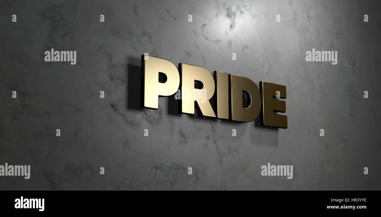 Pride - Gold sign mounted on glossy marble wall - 3D rendered royalty ...