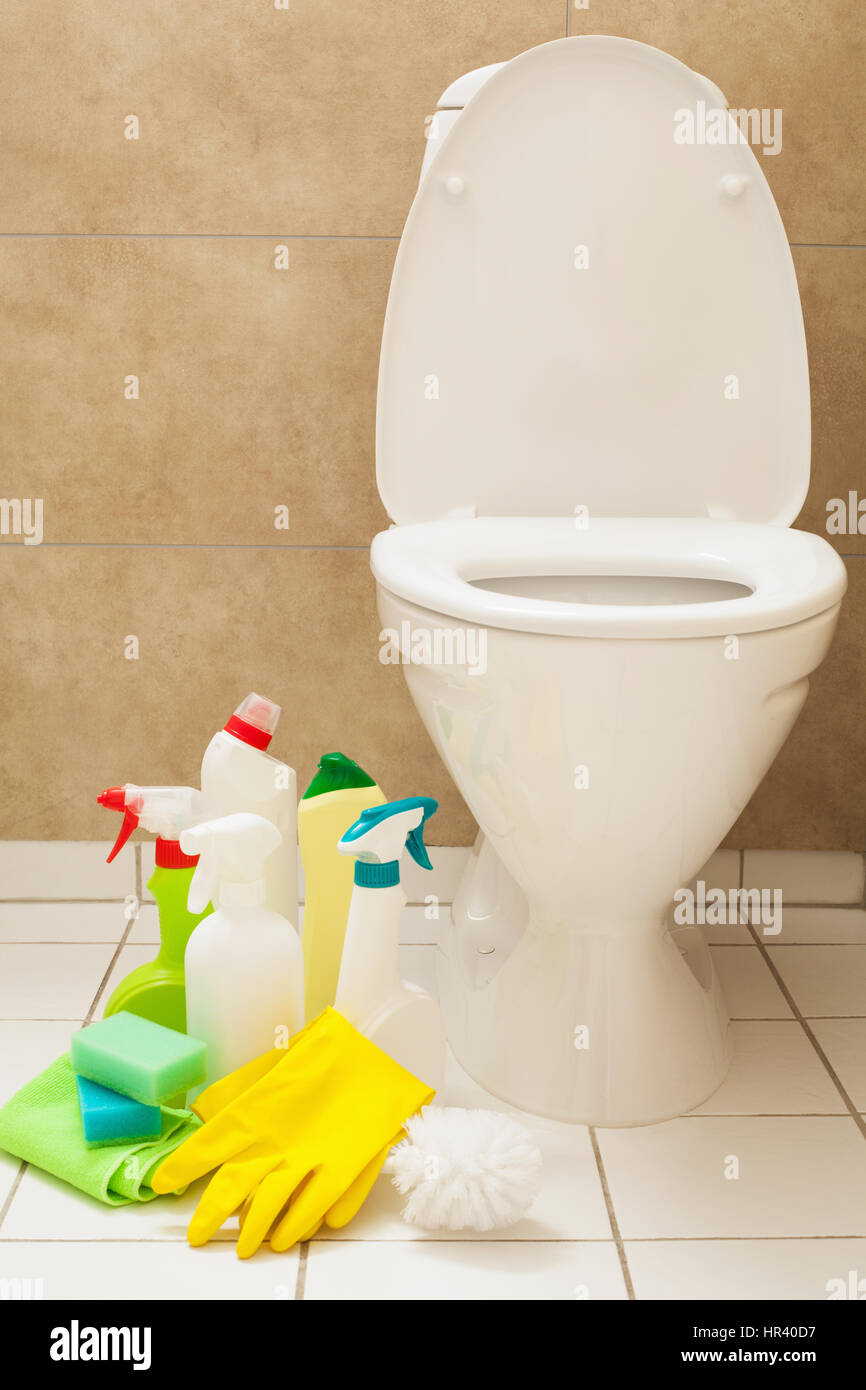 cleaning items gloves brush white toilet bowl bathroom Stock Photo - Alamy