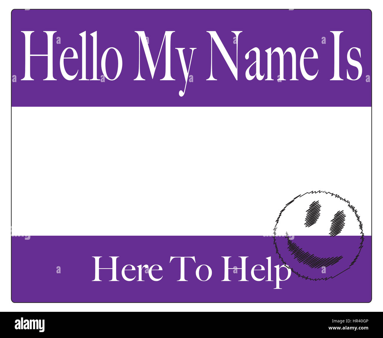 A purple name sticker with text and a stamp isolated on a white ...