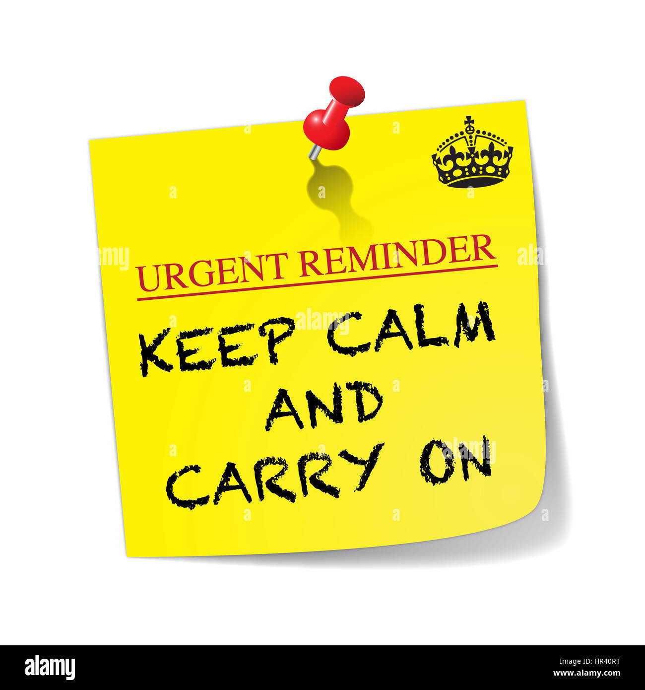 A yellow sticky note with a red pin saying keep calm and carry on ...