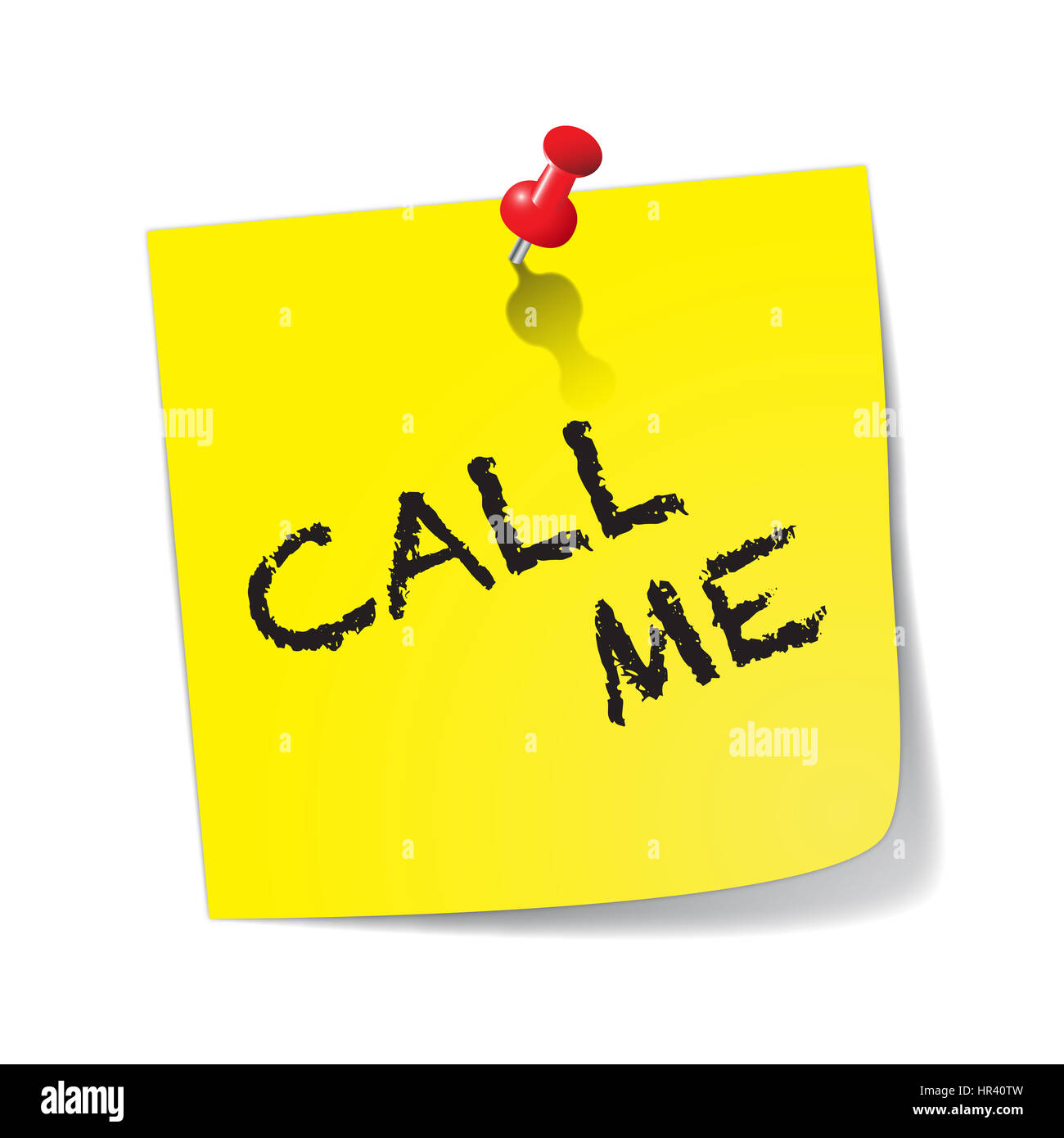 A yellow sticky note saying call me with a red pin isolated on a white ...