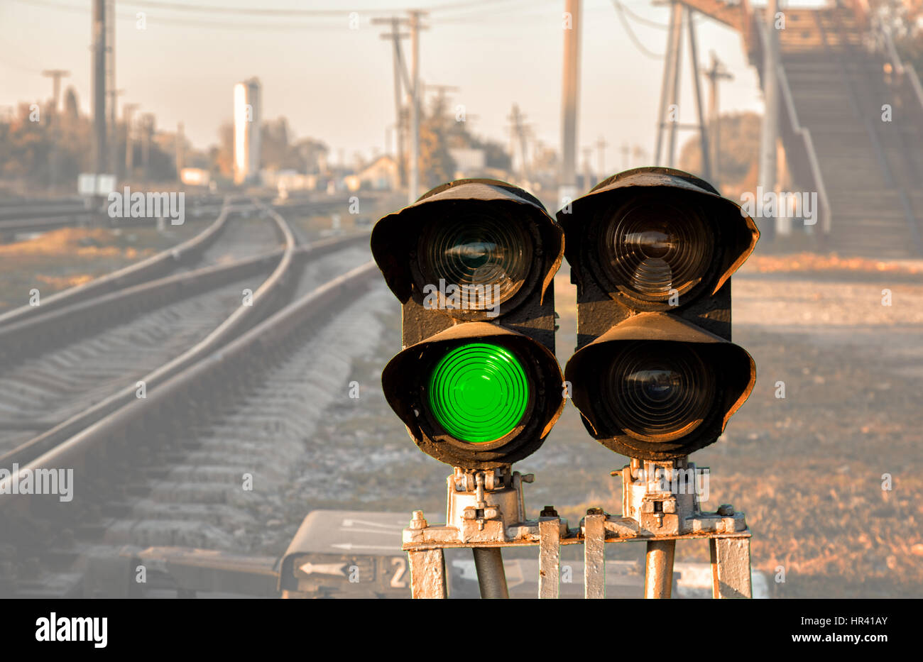 Traffic light shows green signal on railway. transparent background ...