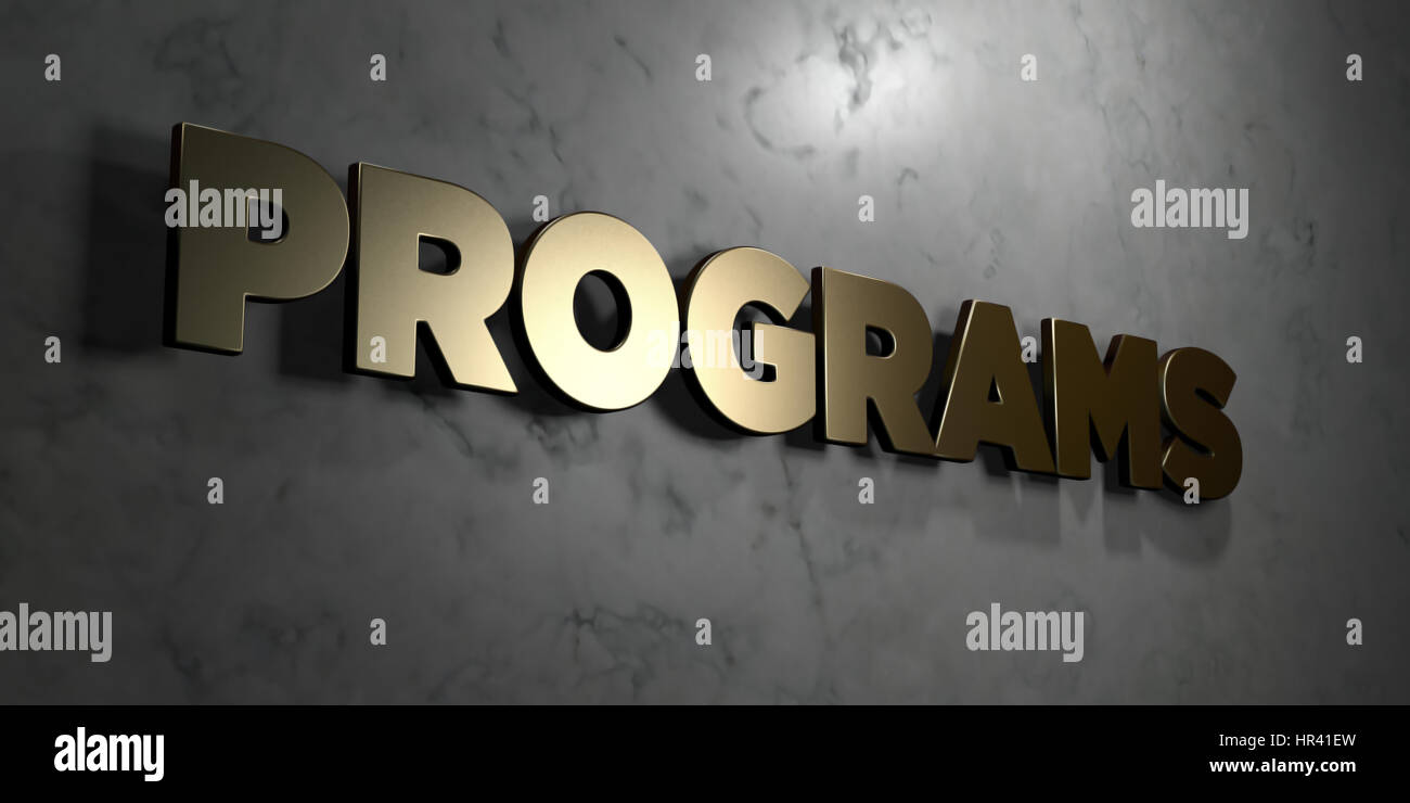 Programs - Gold sign mounted on glossy marble wall - 3D rendered ...